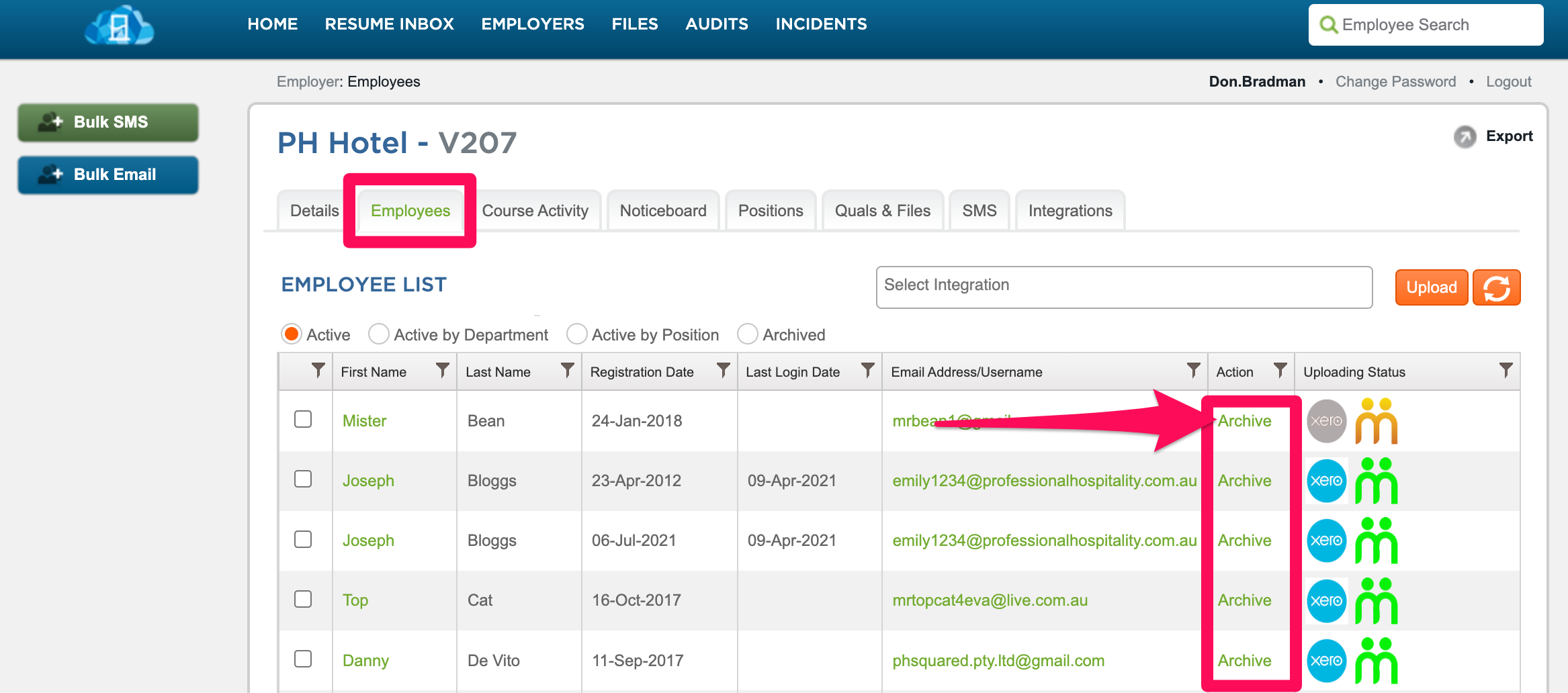 Archiving an employee – Professional Hospitality Support